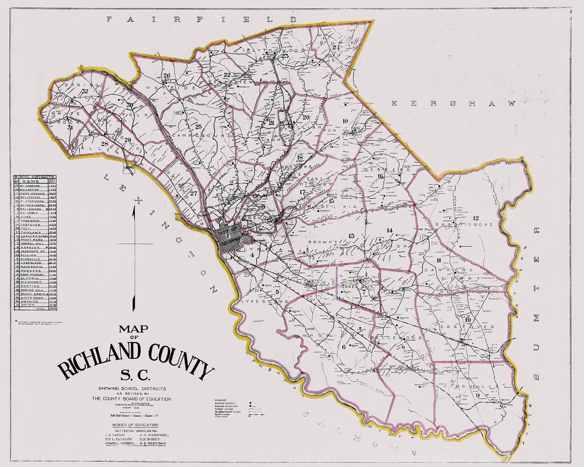 1915 Map of Richland County South Carolina Showing School Districts - Etsy