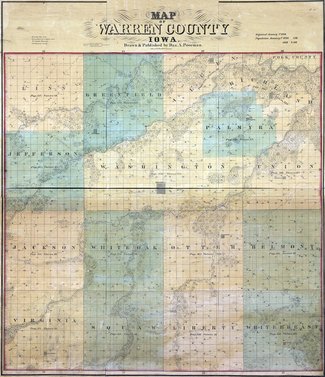 1859 Farm Line Map of Warren County Iowa Indianola - Etsy