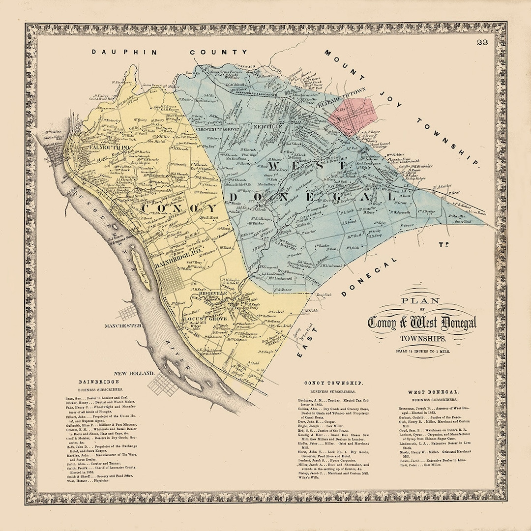 1864 Map of Conoy and West Donegal Township Lancaster County ...