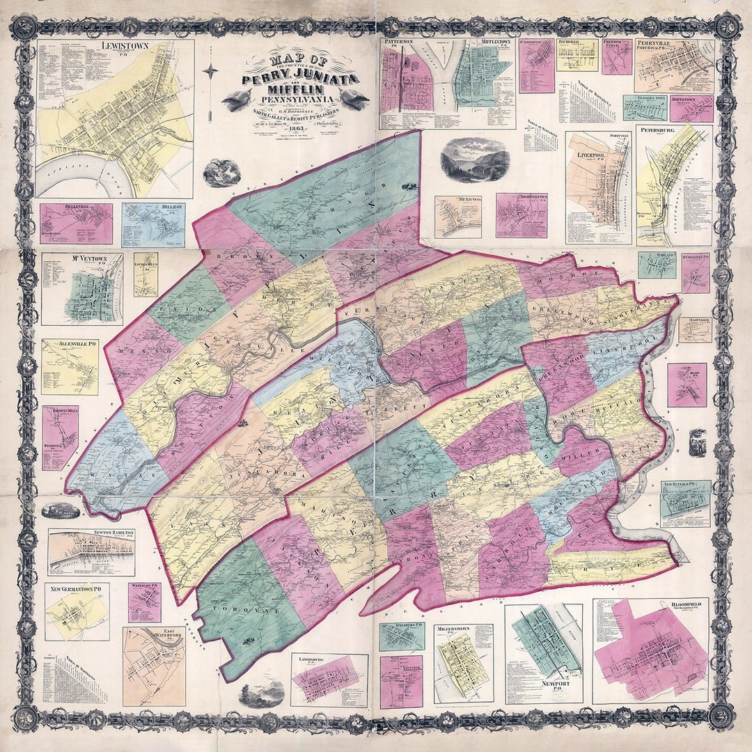 1863 Map of Perry Juniata and Mifflin County Pennsylvania - Etsy