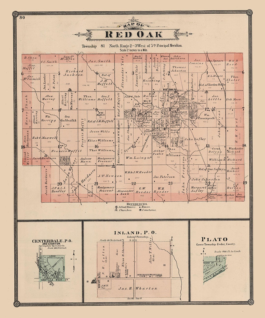 1885 Map of Red Oak Township Cedar County Iowa - Etsy
