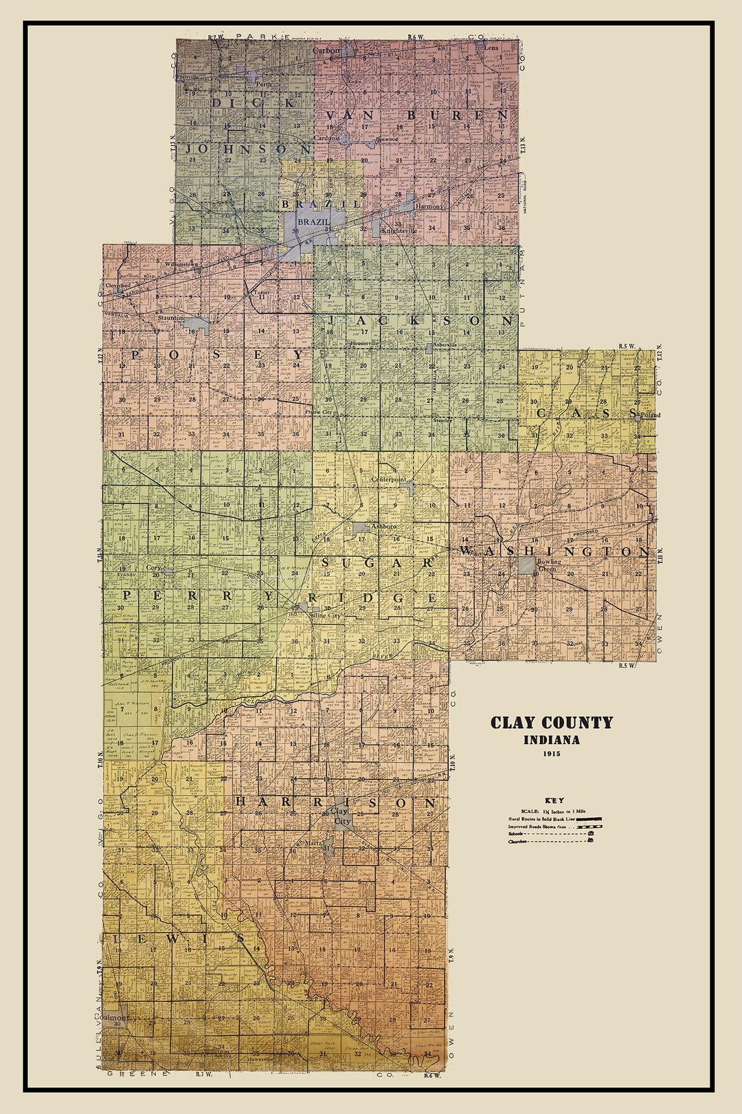 1915 Farm Line Map of Clay County Indiana - Etsy