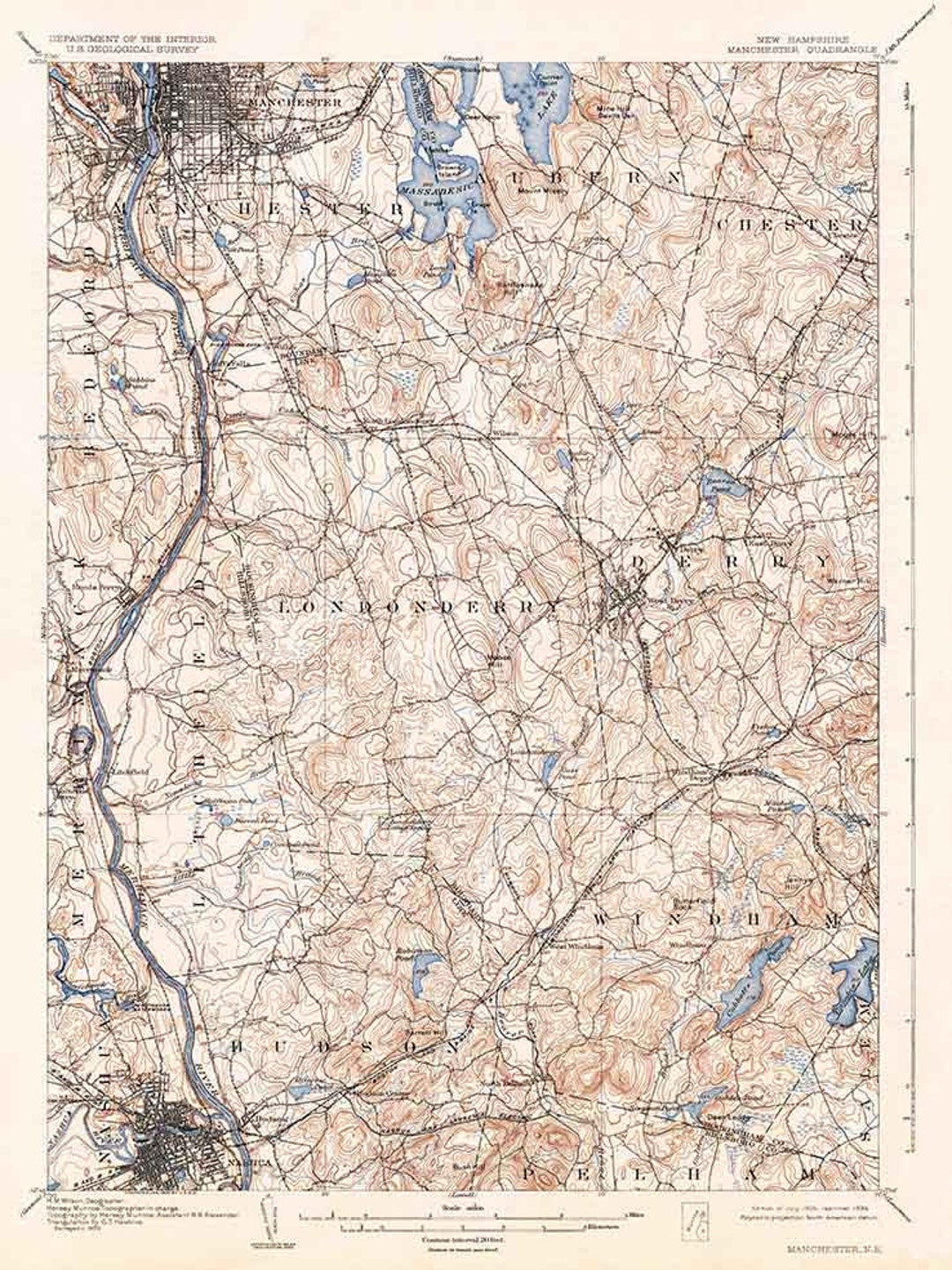 1905 Topo Map of Manchester New Hampshire Quadrangle - Etsy