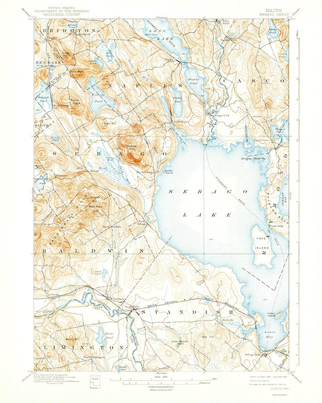 1896 Topo Map of Sebago Lake Maine - Etsy