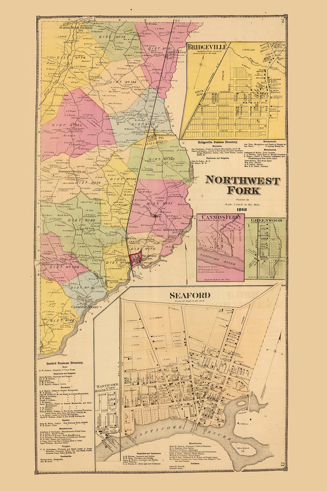 1868 Map of Northwest Fork Sussex County Delaware Seaford - Etsy