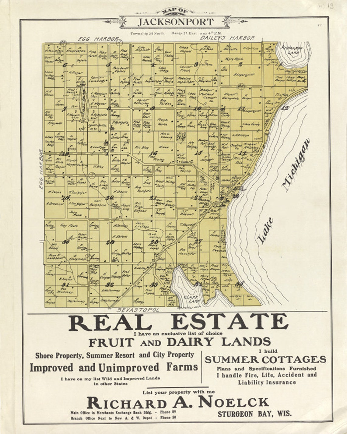 1914 Map of Jacksonport Township Door County Wisconsin - Etsy