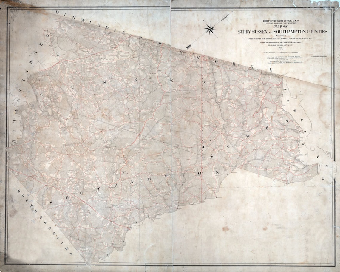 1863 Map of Surry Sussex & Southampton County Virginia Family - Etsy