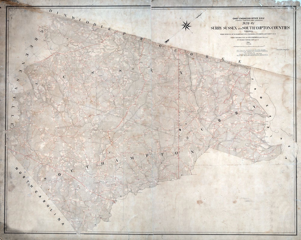 1863 Map of Surry Sussex & Southampton County Virginia Family Names ...