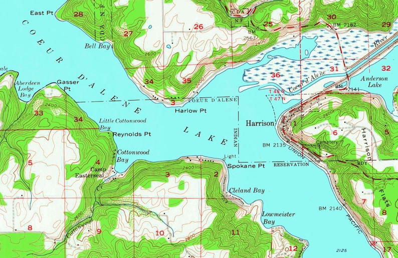 1957 Map of Lake Coeur D'alene Idaho - Etsy