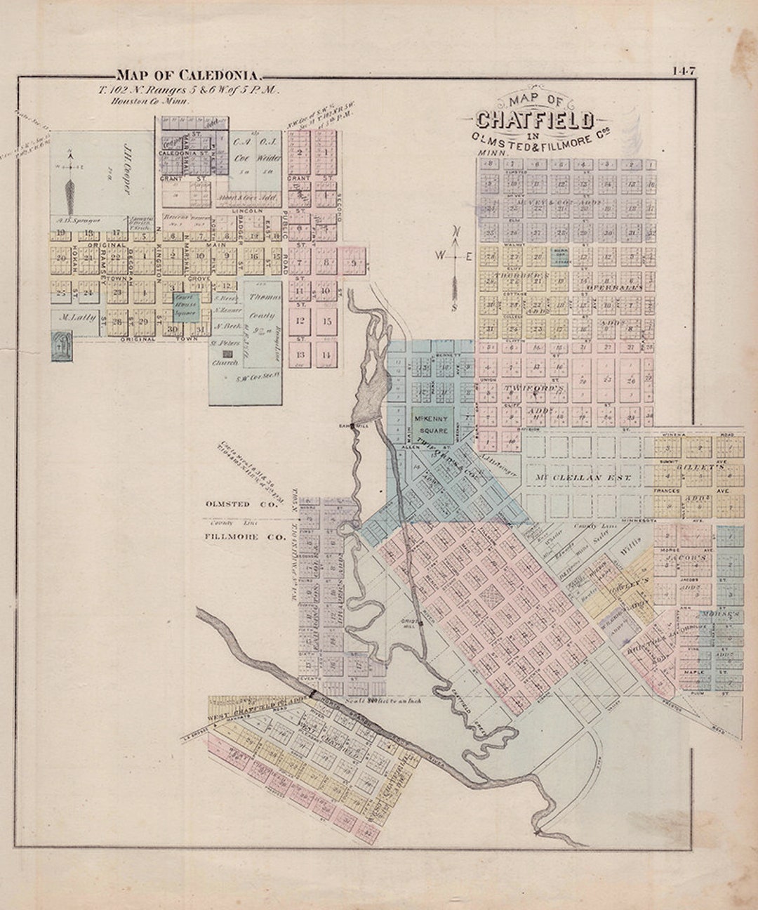 1874 Map of Caledonia & Chatfield Minnesota - Etsy