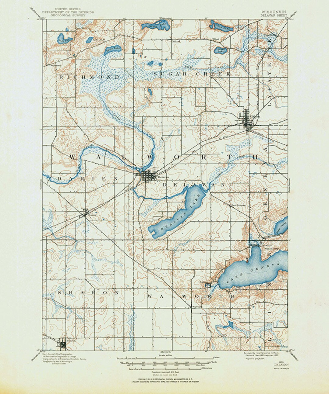 1893 Topo Map of Delavan Wisconsin Quadrangle Delavan Lake - Etsy