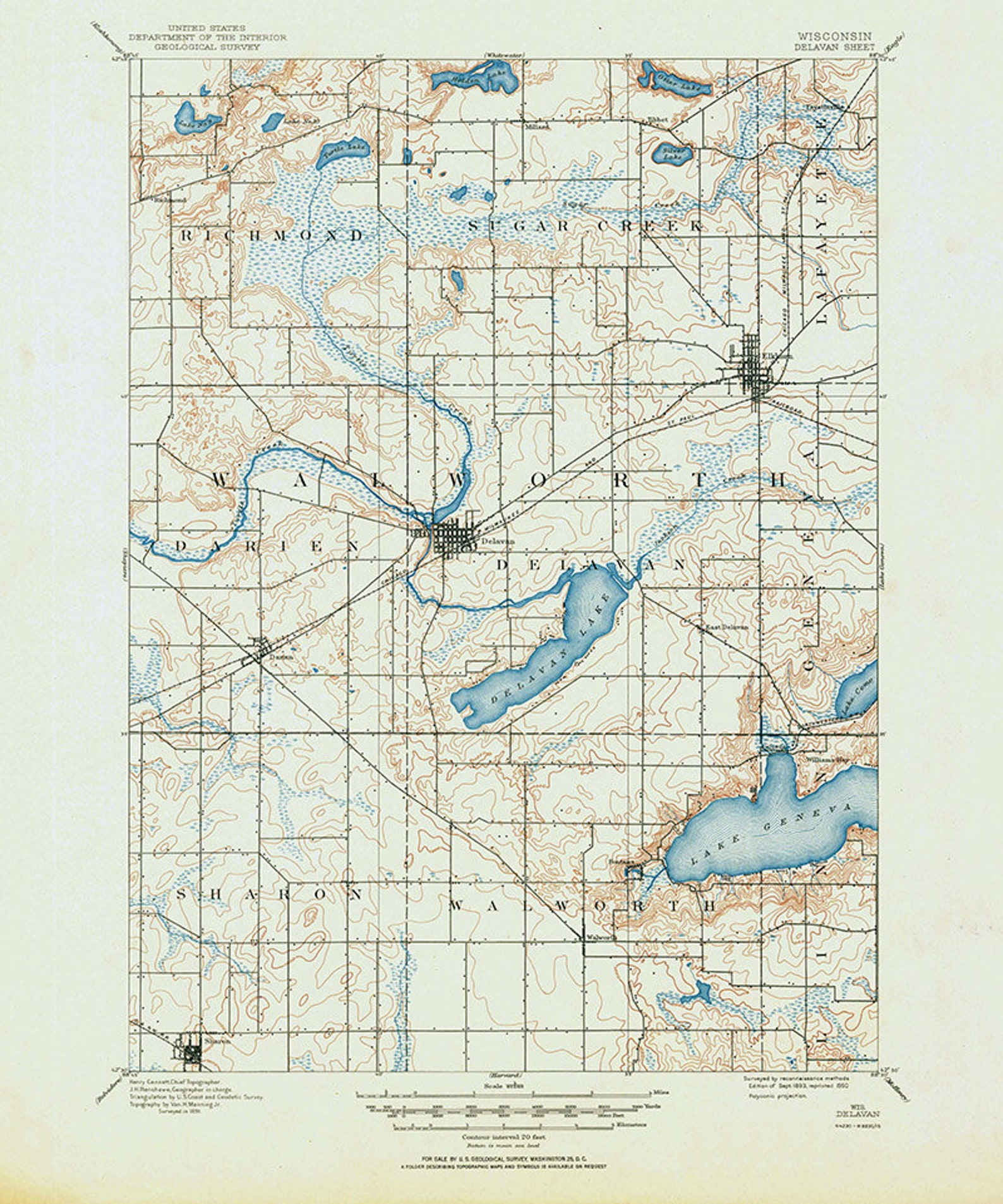 1893 Topo Map of Delavan Wisconsin Quadrangle Delavan Lake | Etsy