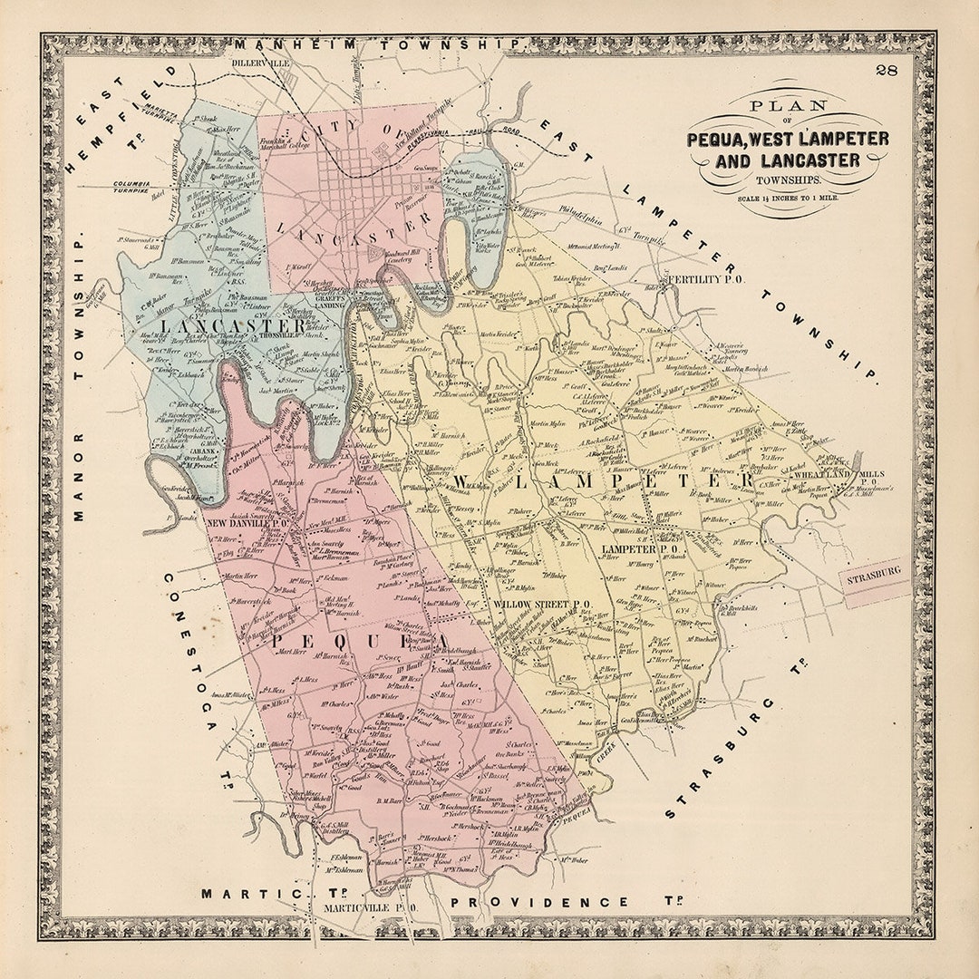 1864 Map of Pequa West Lampeter and Lancaster Township Lancaster County ...