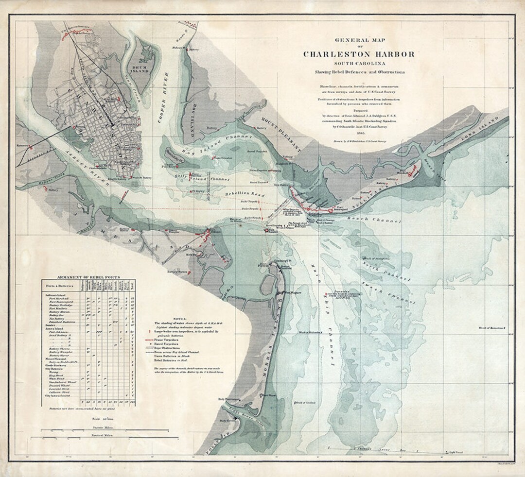 1865 Nautical Map of Charleston Harbor South Carolina - Etsy