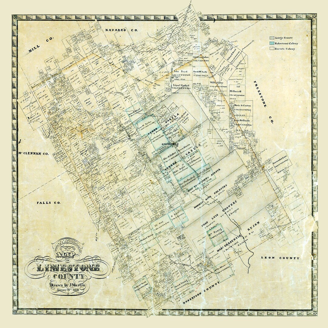 1858 Farm Line Map of Limestone County Texas - Etsy