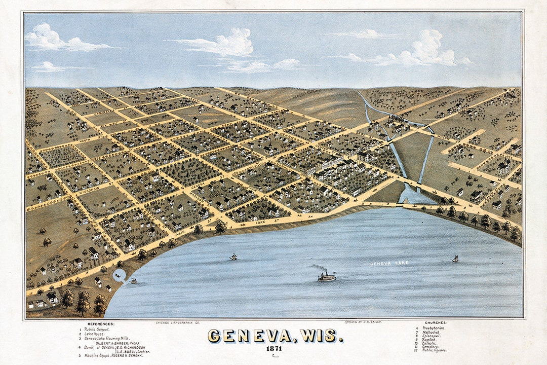 1871 Panoramic Map of Geneva Wisconsin Lake Geneva - Etsy