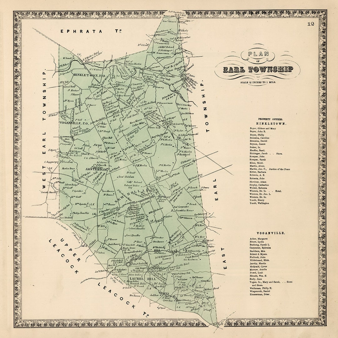 1864 Map of Earl Township Lancaster County Pennsylvania - Etsy