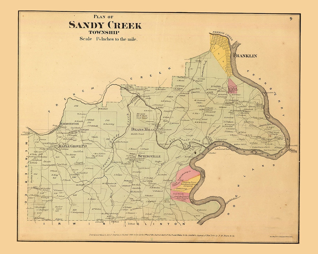 1865 Map of Sandy Creek Township Venango County Pennsylvania Oil Region ...