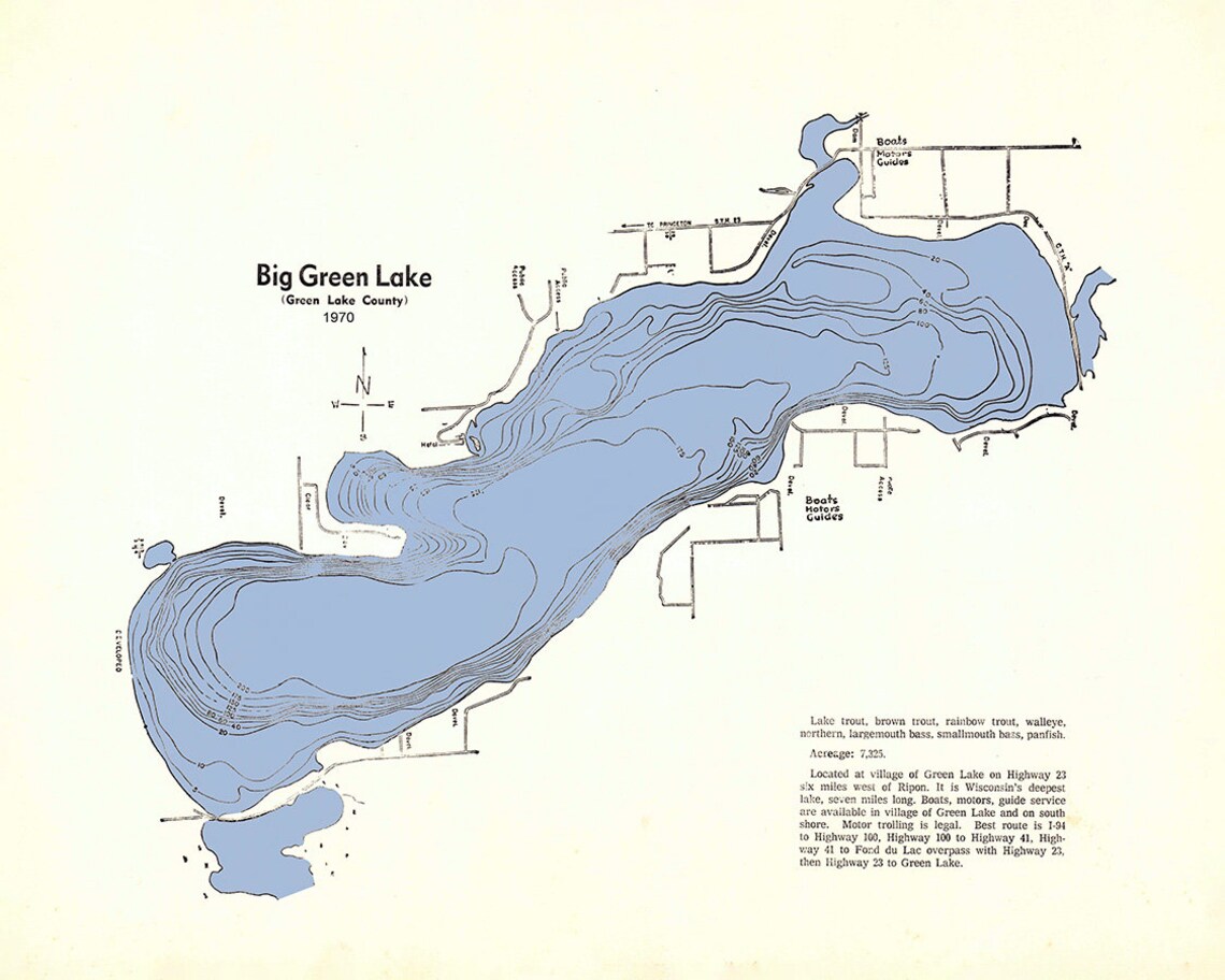 1970 Map of Big Green Lake Green Lake County Wisconsin - Etsy