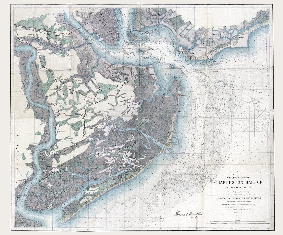 1858 Nautical Map of Charleston Harbor South Carolina - Etsy