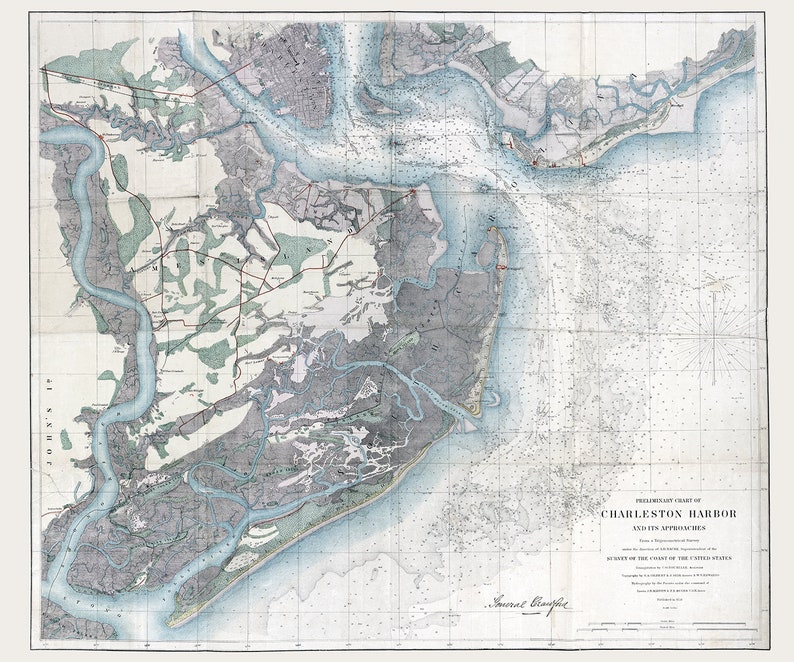 1858 Nautical Map of Charleston Harbor South Carolina - Etsy