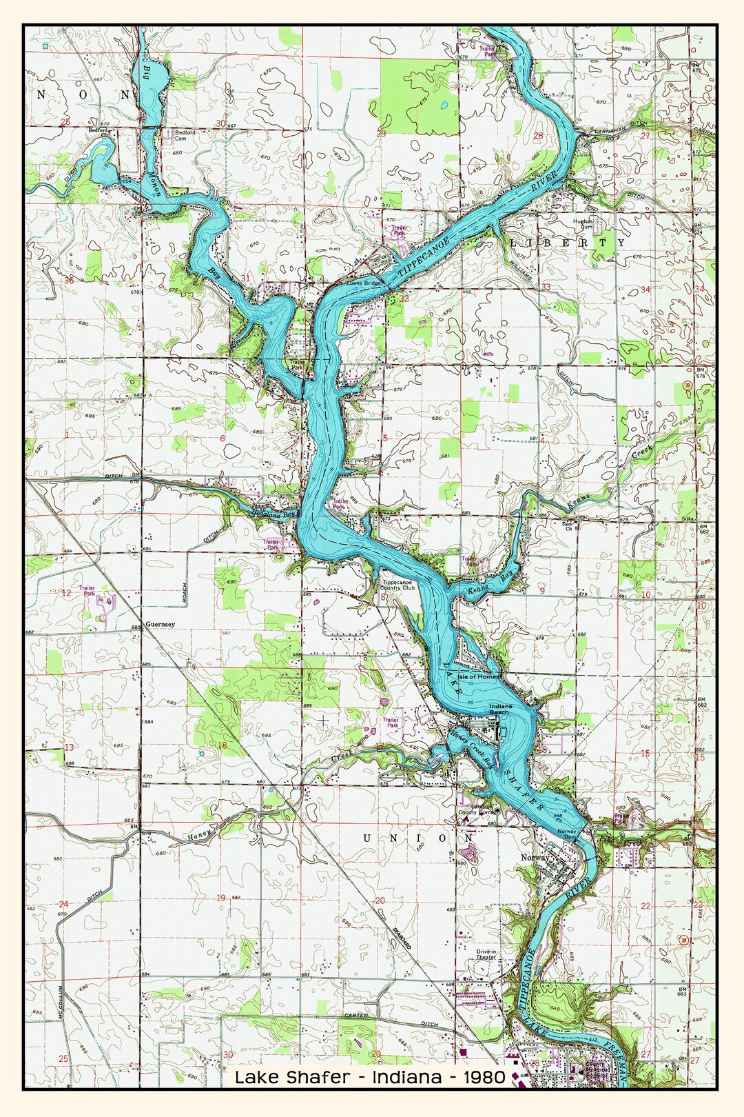 1980 Map of Lake Shafer Indiana - Etsy