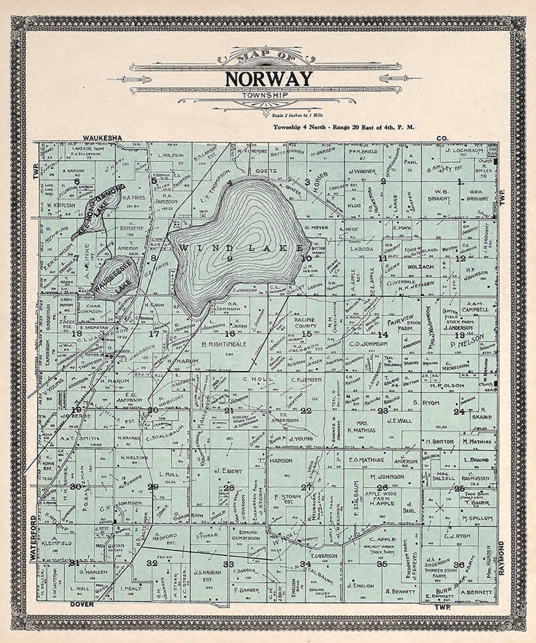 1908 Map of Norway Township Racine County Wisconsin - Etsy