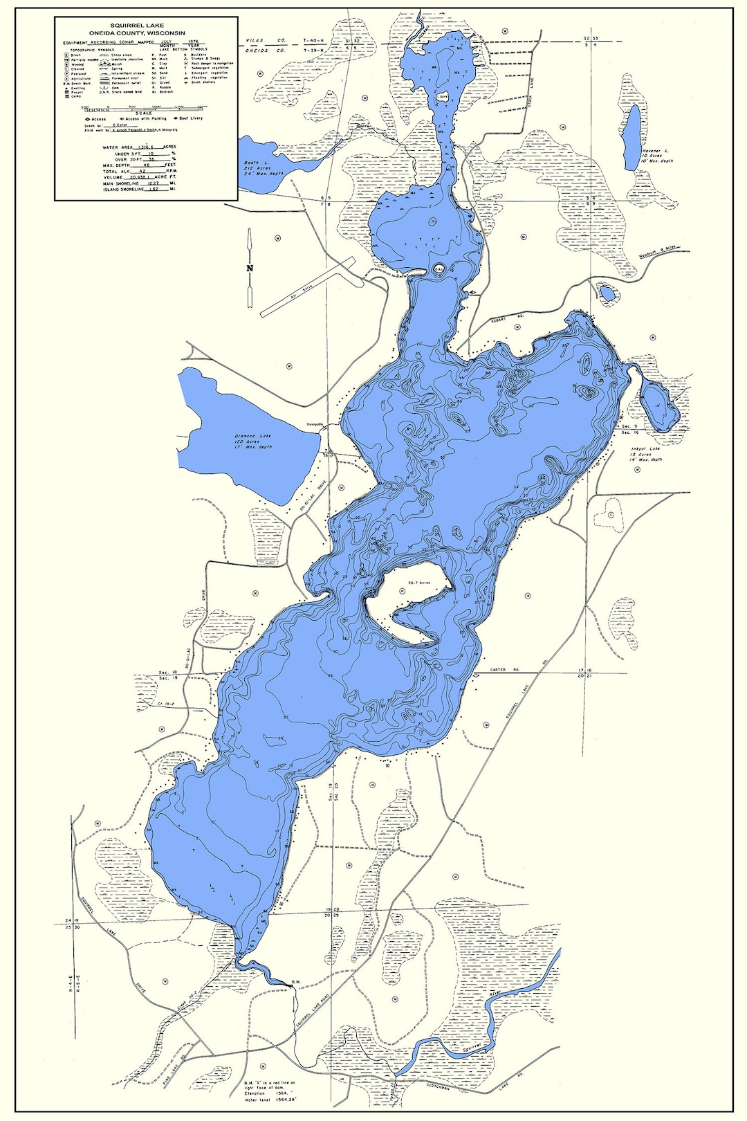 1976 Map of Squirrel Lake Oneida County Wisconsin - Etsy