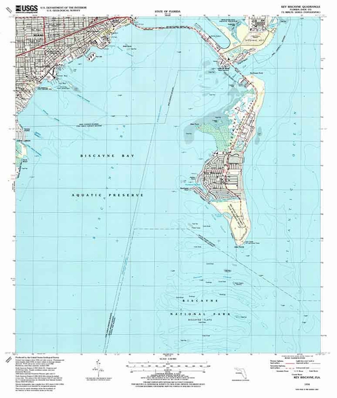 1994 Topo Map of Key Biscayne Florida Quadrangle - Etsy