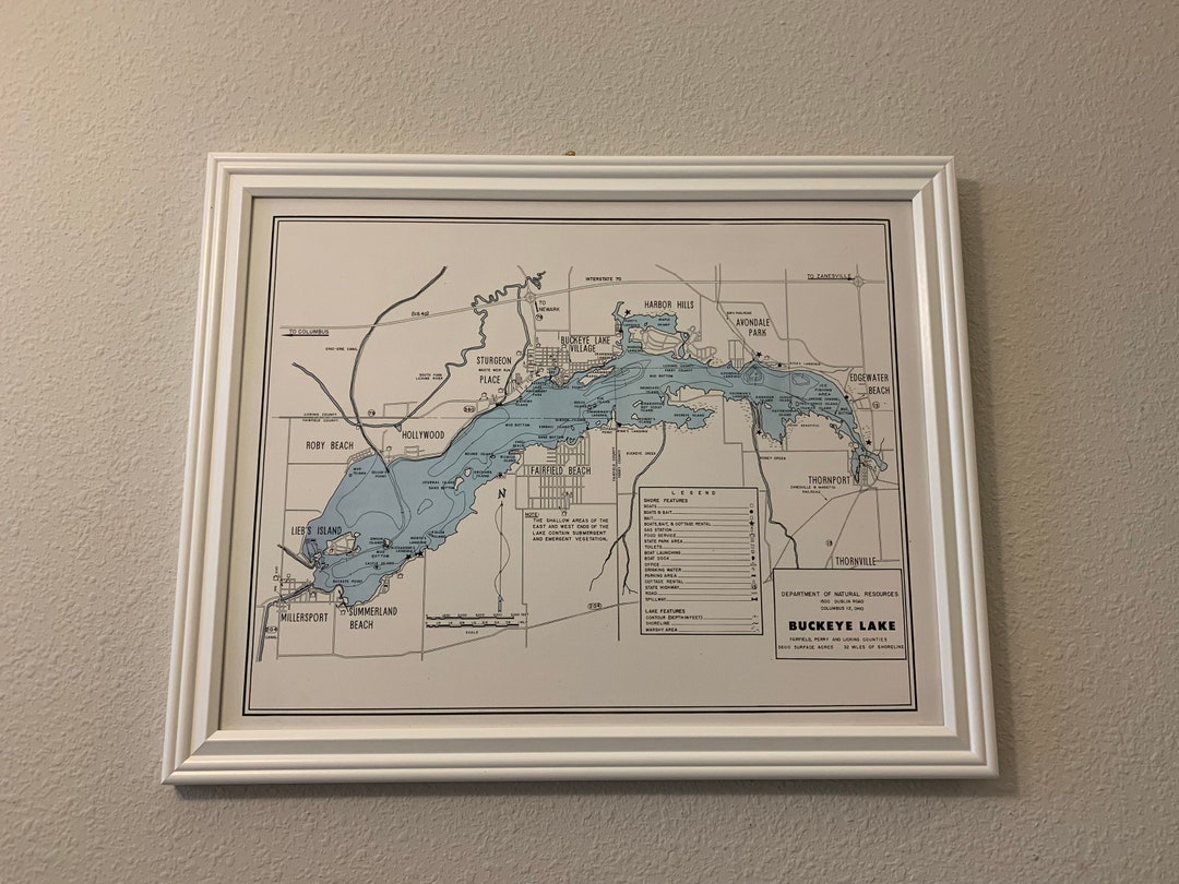 1960 Framed Map of Buckeye Lake Fairfield Perry and Licking County Ohio ...