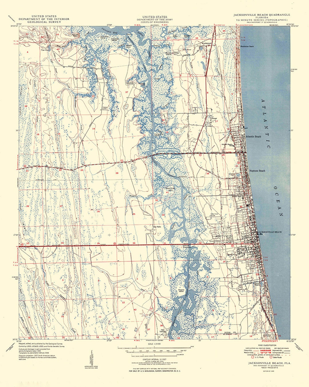 1949 Topo Map of Jacksonville Beach Florida - Etsy