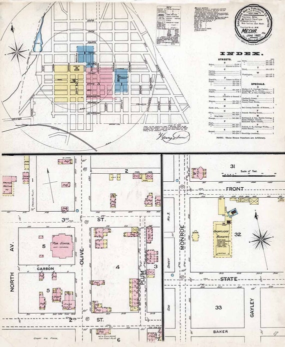 1887 Town Map of Media Delaware County Pennsylvania | Etsy
