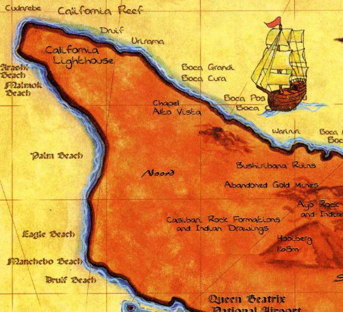 Cartoon Map of Aruba Caribbean Sea | Etsy