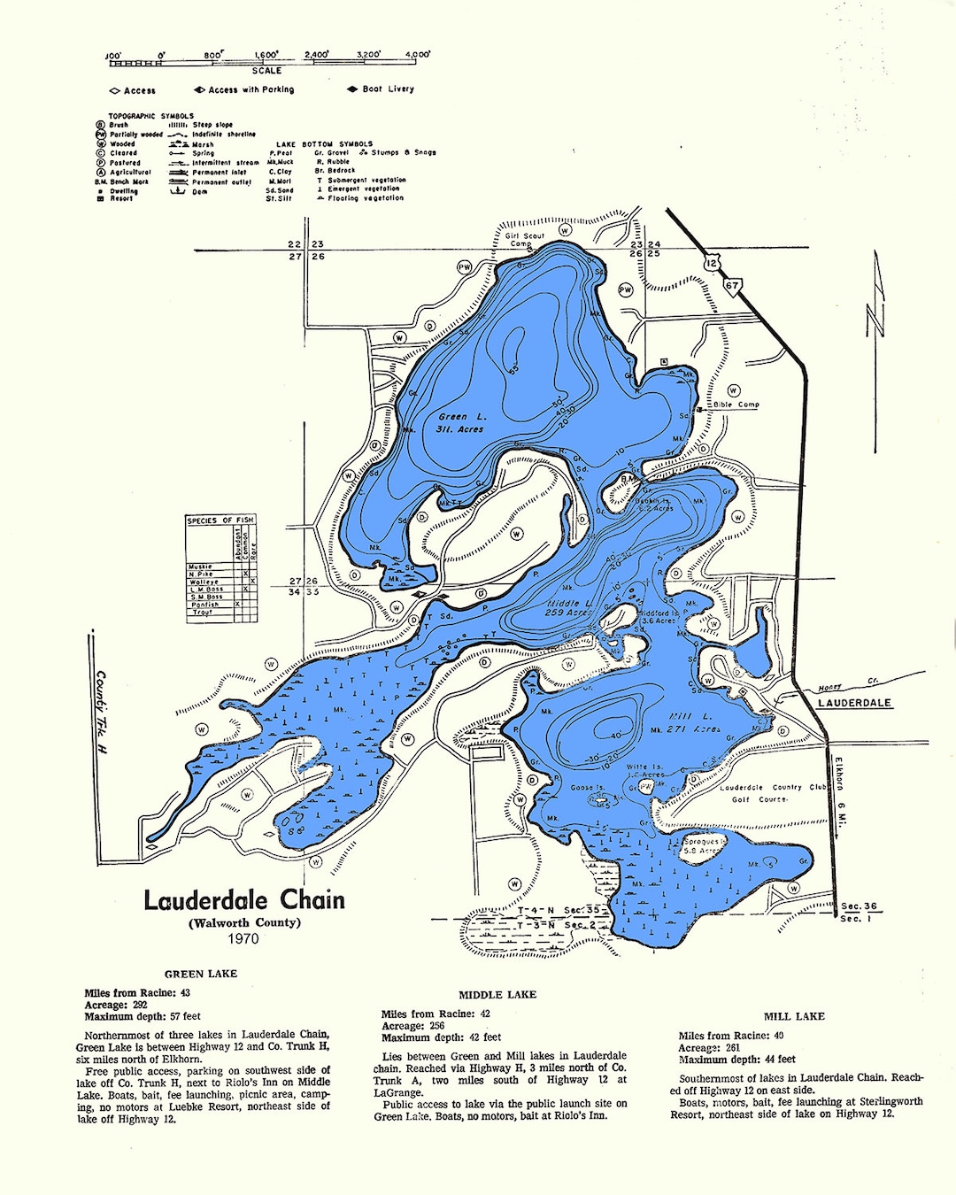 1970 Map of Lauderdale Chain Lakes Walworth County Wisconsin - Etsy
