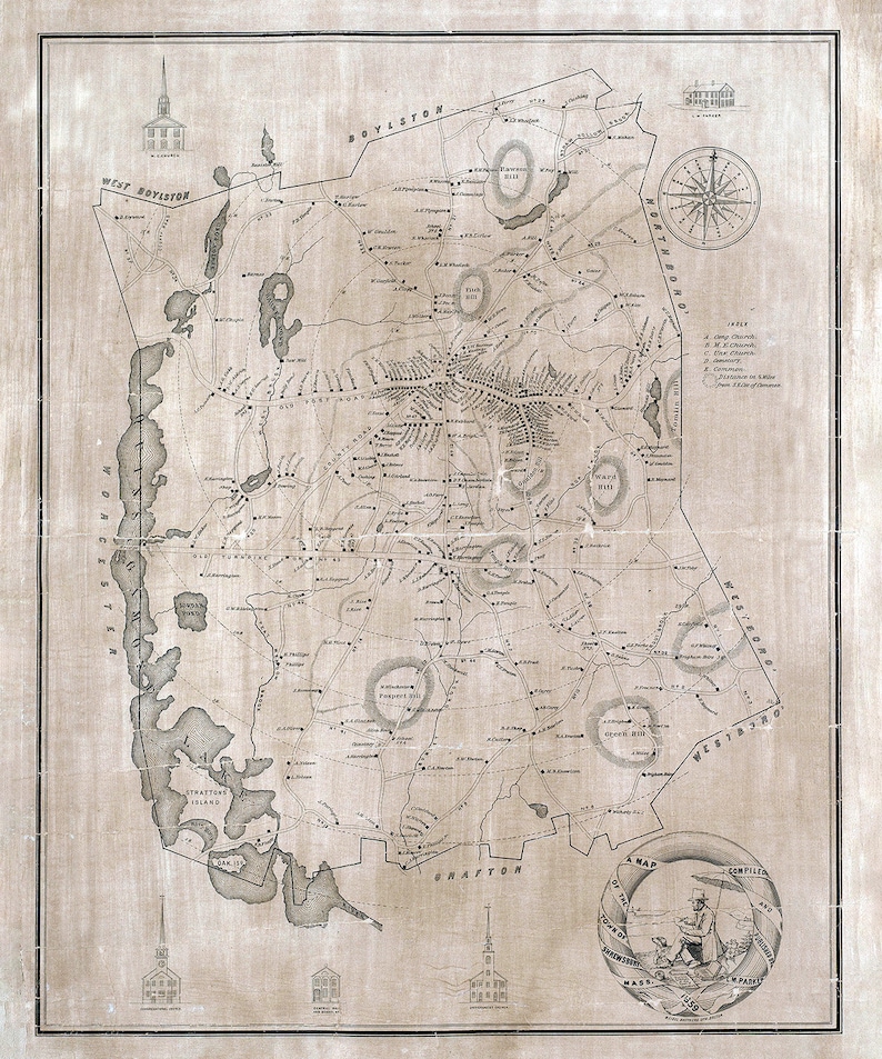 1859 Town Map of Shrewsbury Worcester County Massachusetts - Etsy