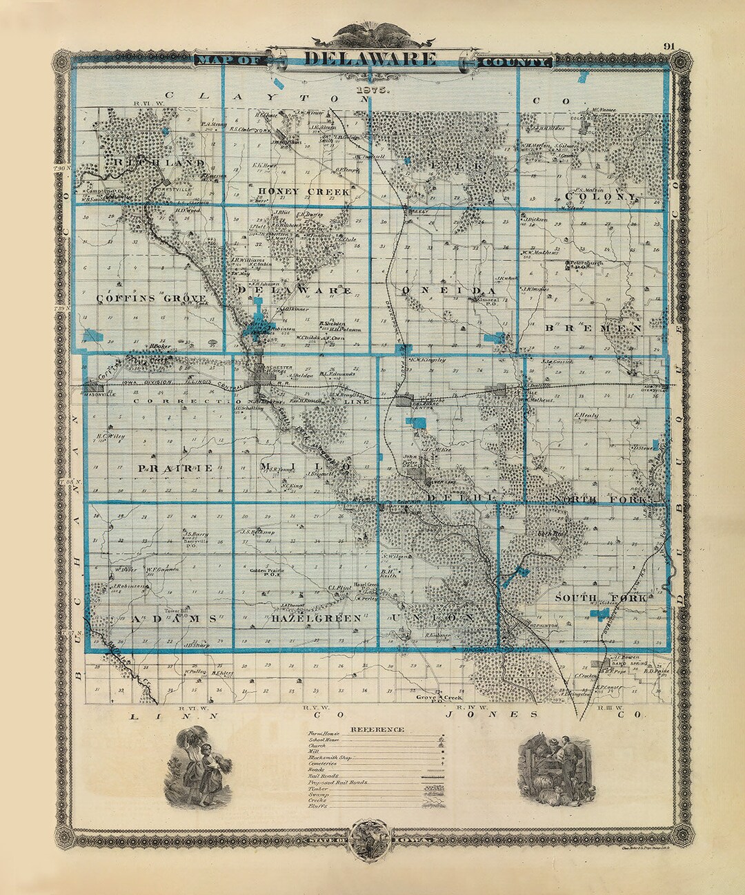 1875 Map of Delaware County Iowa - Etsy