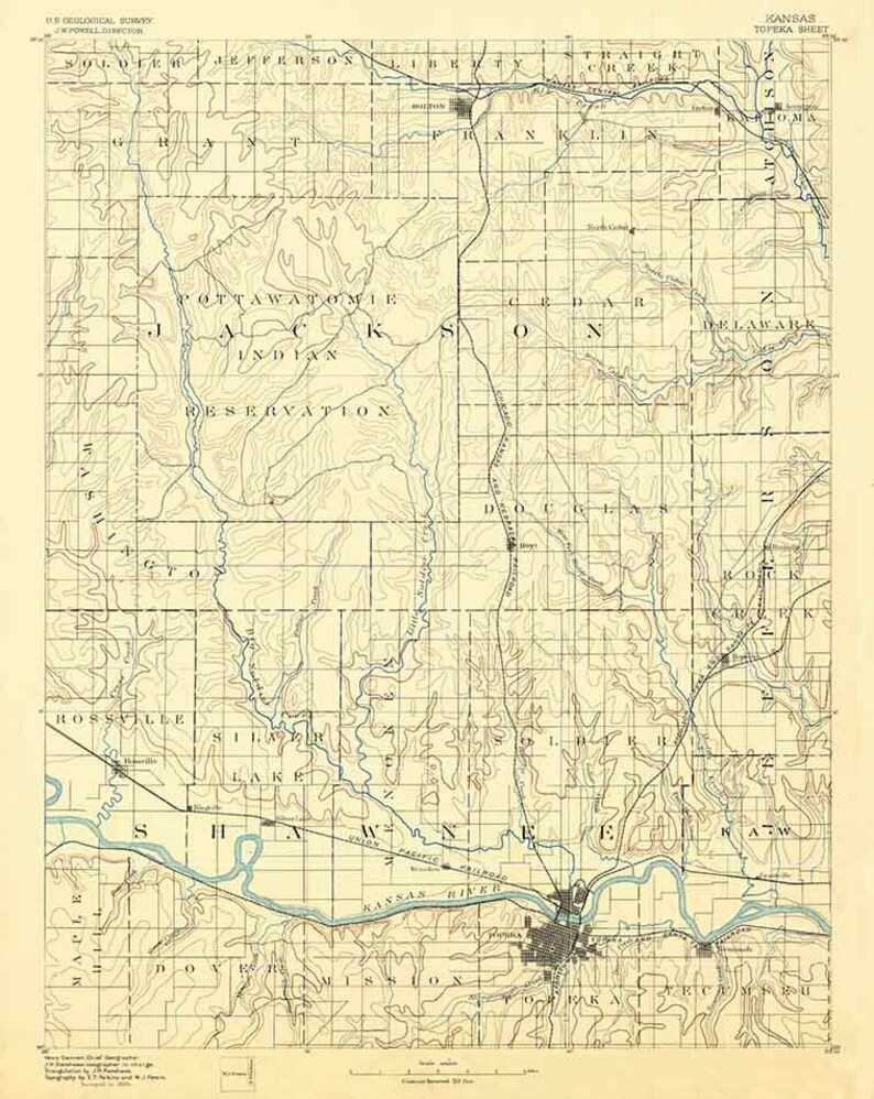 1889 Topo Map of Topeka Kansas Pottawatomie Indian - Etsy