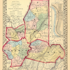 1873 Map of Preston Taylor Barbour and Tucker County West Virginia - Etsy