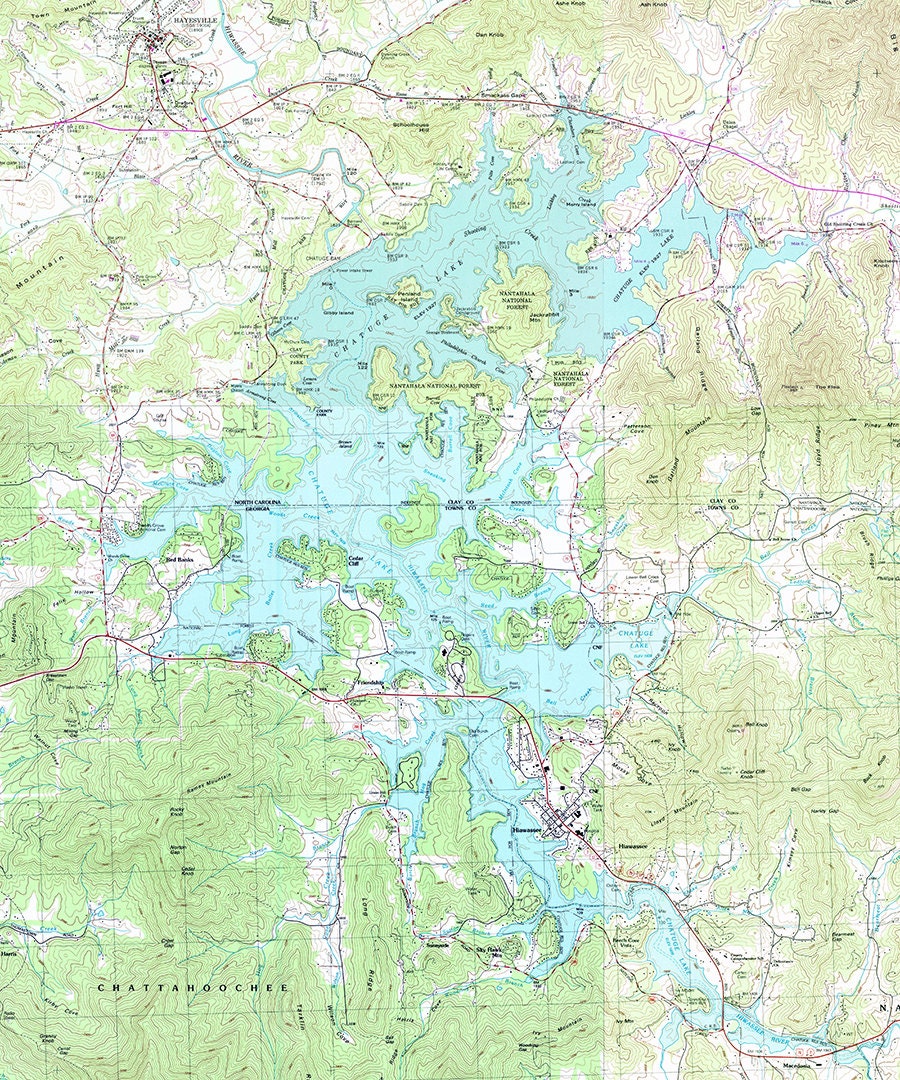 1988 Topo Map of Chatuage Lake and Hiwassee River Georgia North ...