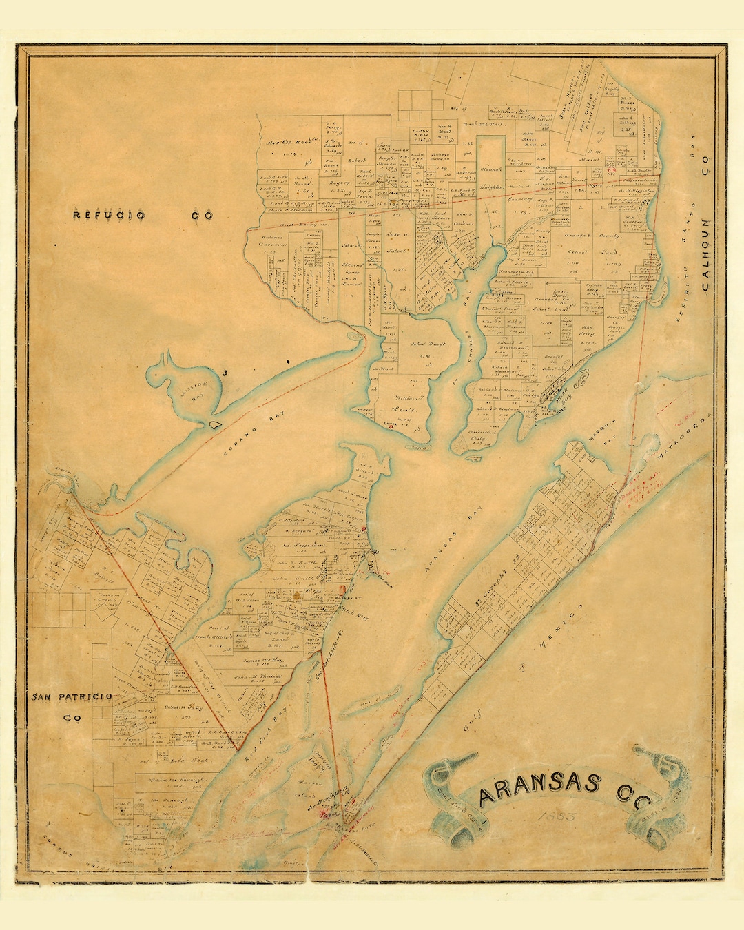 1883 Farm Line Map of Aransas County Texas - Etsy