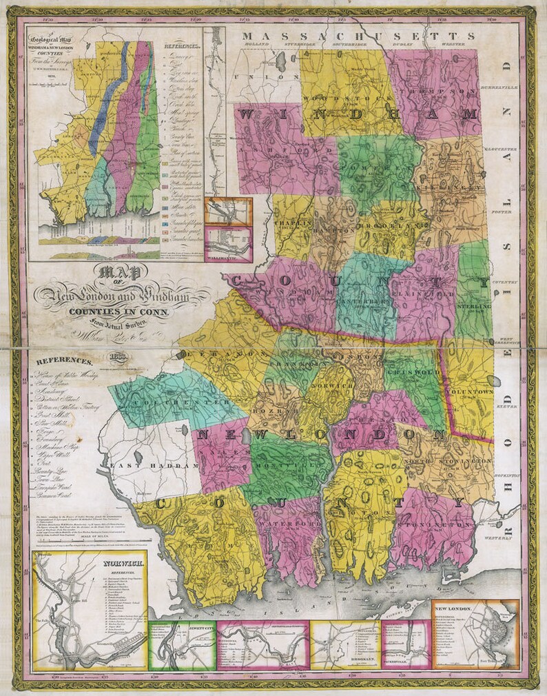 1833 Map of New London & Windham Counties Connecticut | Etsy