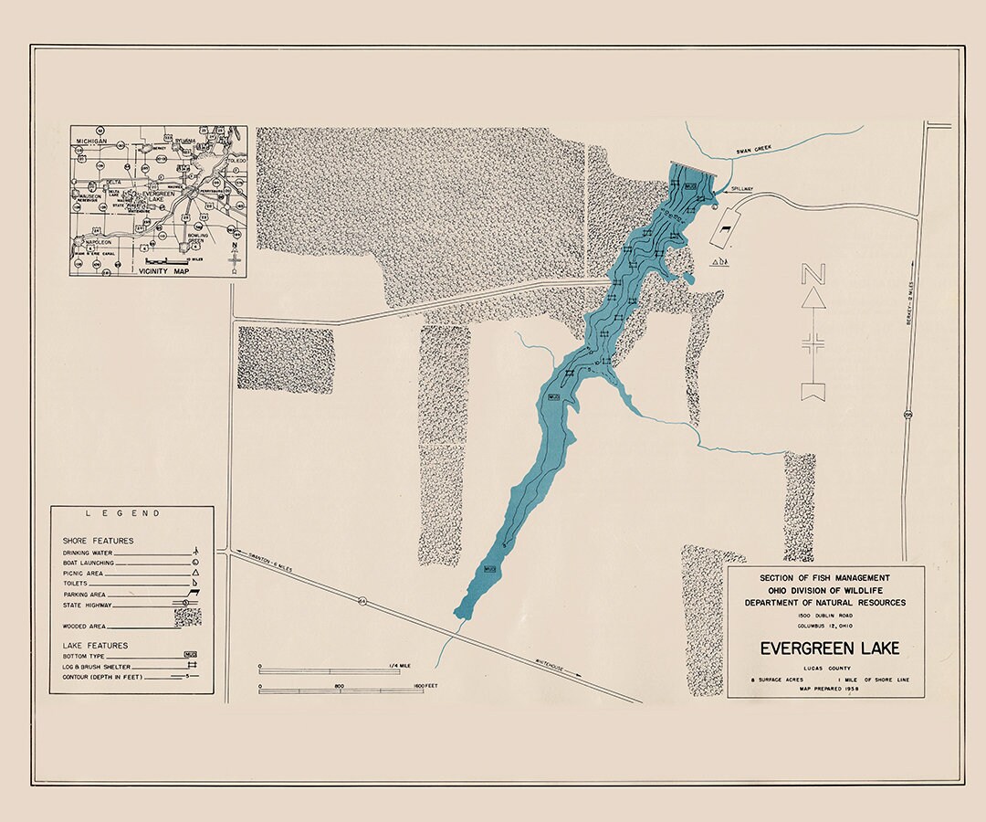 1958 Map of Evergreen Lake Lucas County Ohio - Etsy