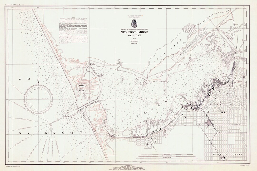 1938 Nautical Map of Muskegon Harbor & Lake Michigan - Etsy
