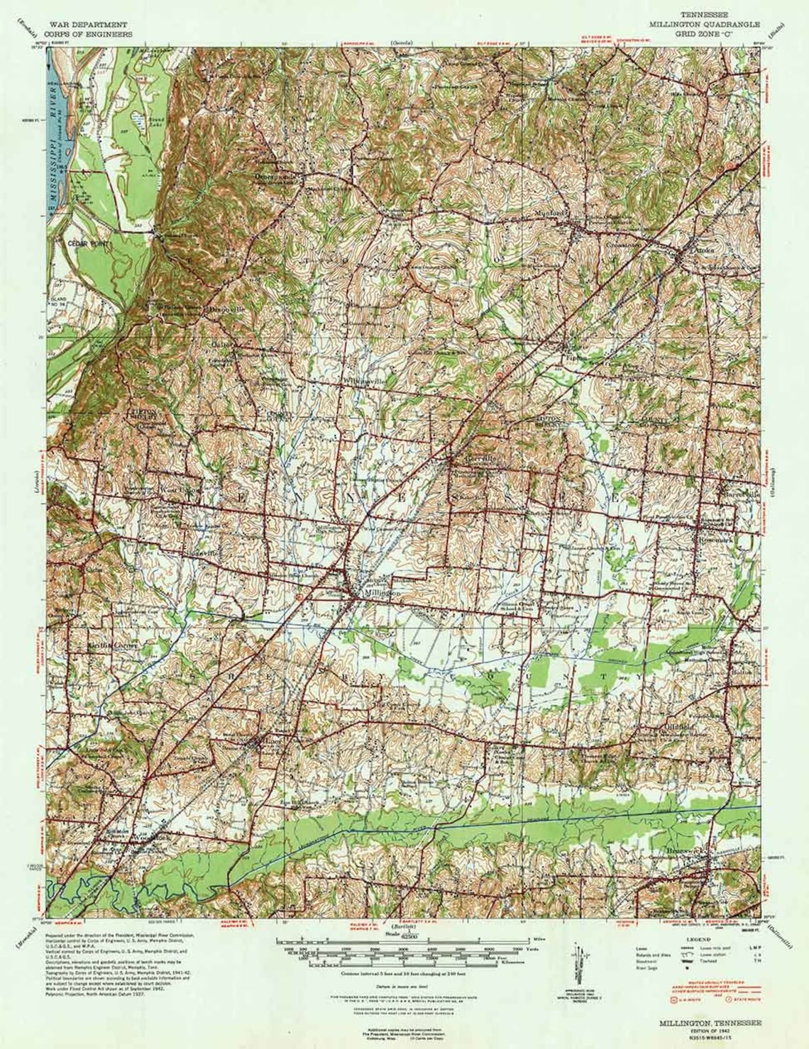 1942 Topo Map of Millington Tennessee Cedar Point Atoka - Etsy