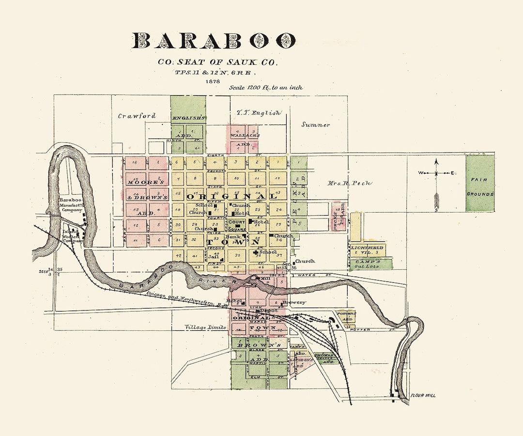 1878 Town Map of Baraboo Sauk County Wisconsin - Etsy