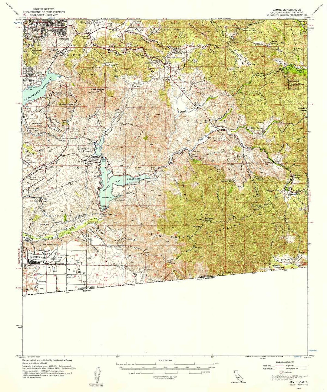 1955 Topo Map of Jamul California Sweetwater Reservoir San Ysidro ...