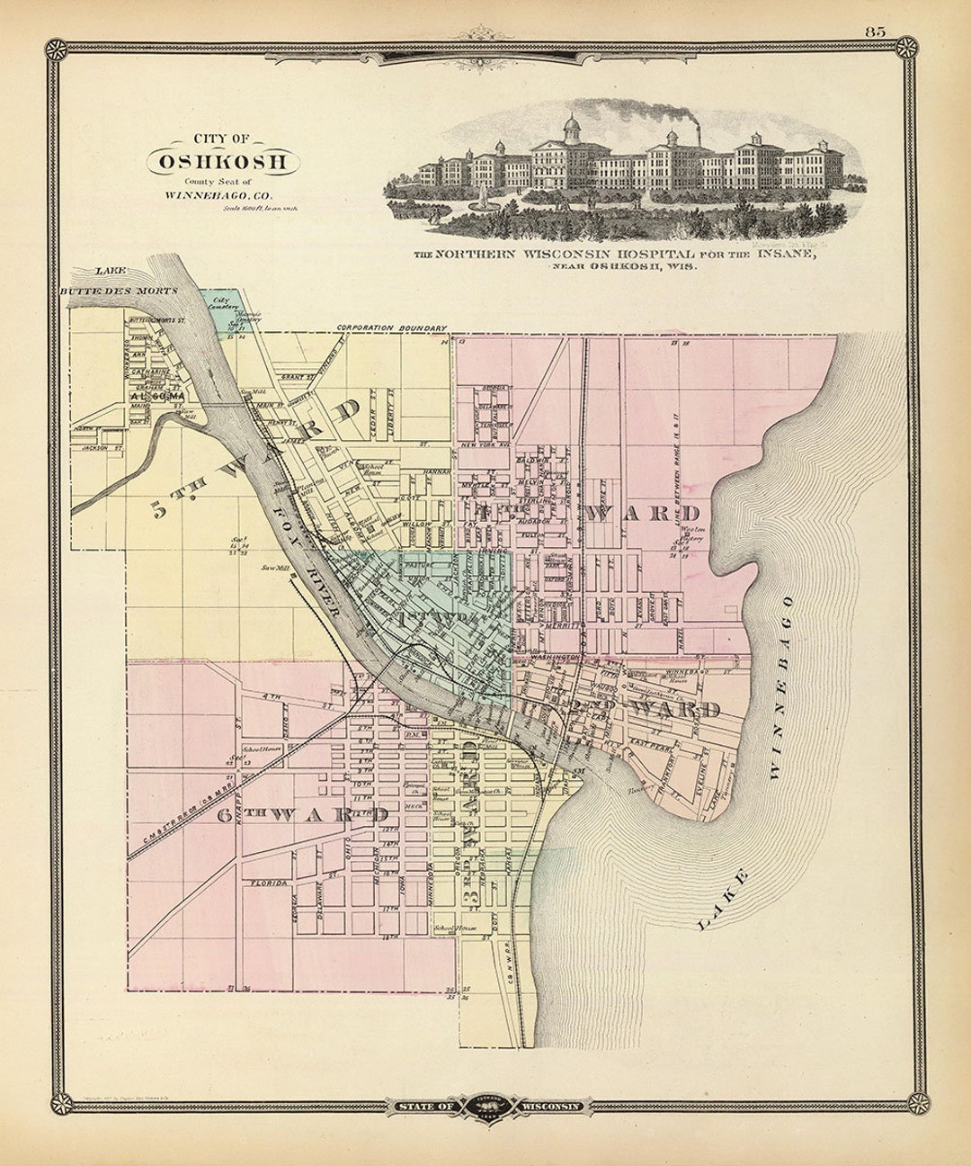 1878 Town Map of Oshkosh Winnebago County Wisconsin - Etsy