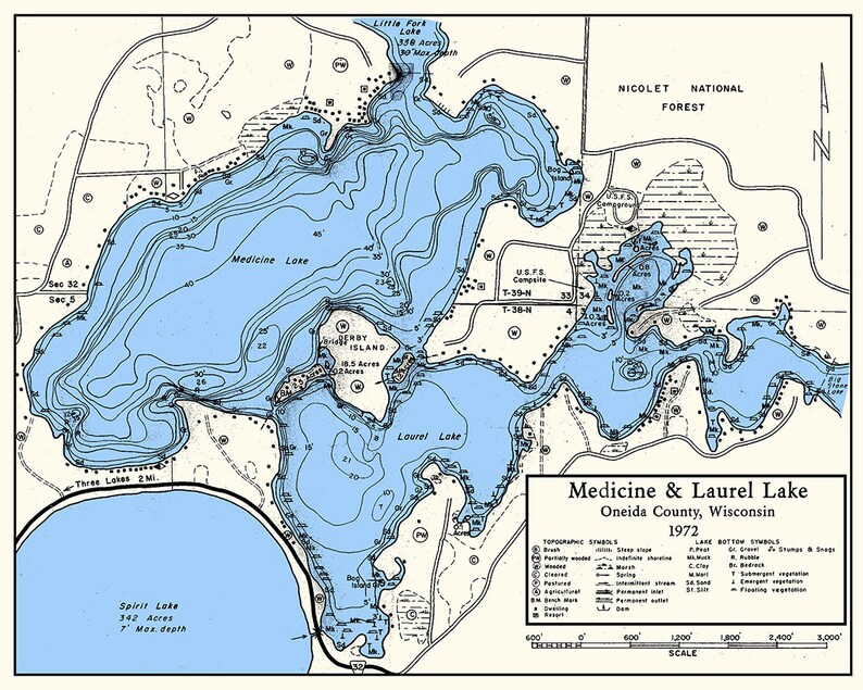 1972 Map of Medicine and Laurel Lakes Oneida County Wisconsin - Etsy