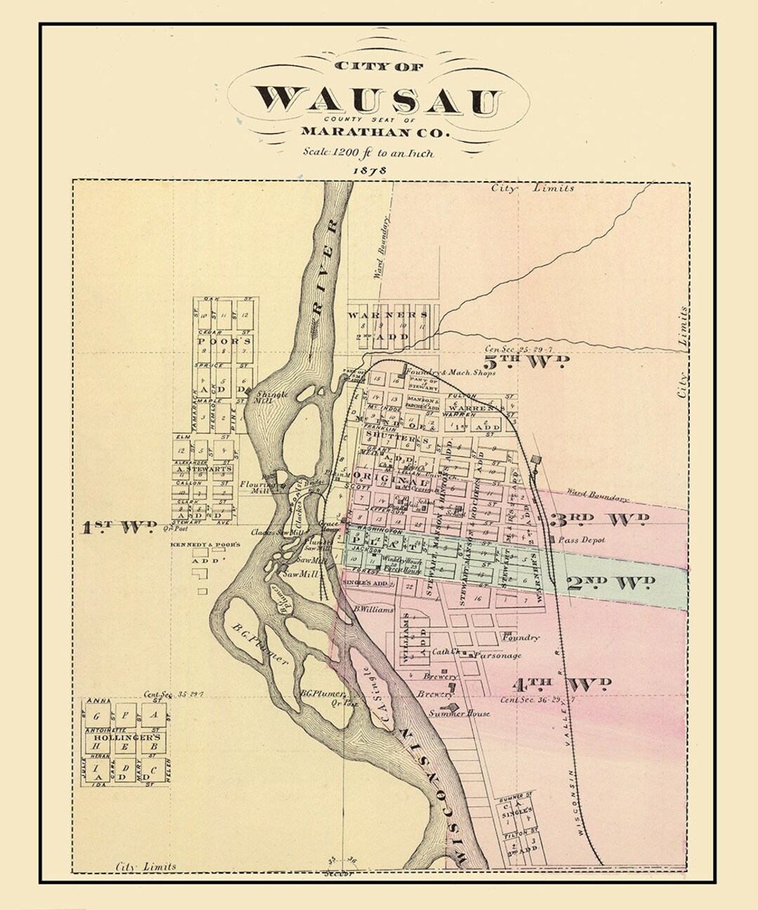 1878 Map of Wausau Marathan County Wisconsin - Etsy