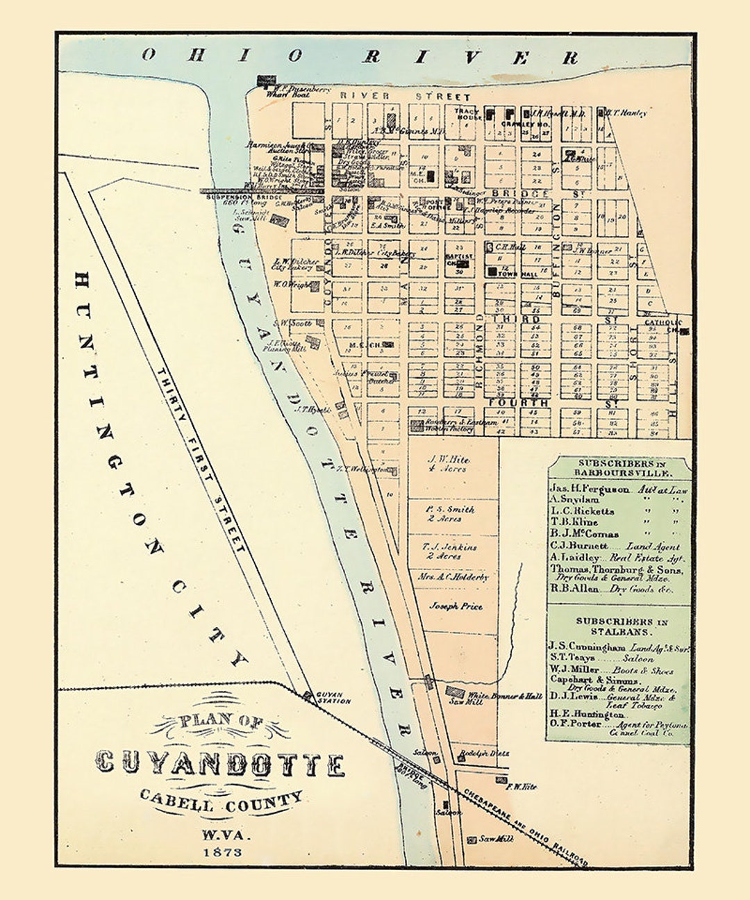 1873 Map of Cuyandotte Cabell County West Virginia - Etsy